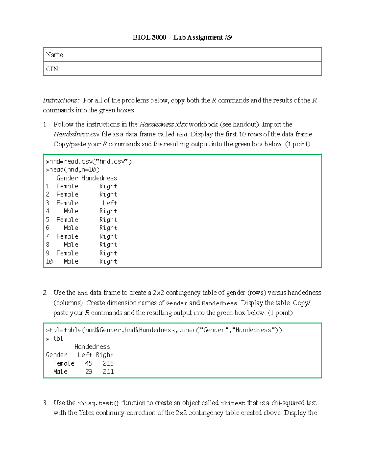 Lab Assignment 9 Biol 3000 Lab Assignment Instructions For All Of The Problems Below Copy