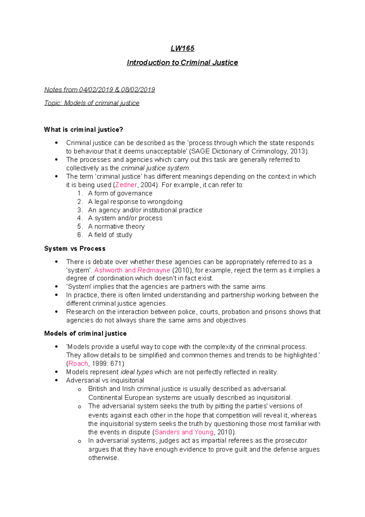 Notes - Criminal Justice Models - LW Introduction to Criminal Justice ...