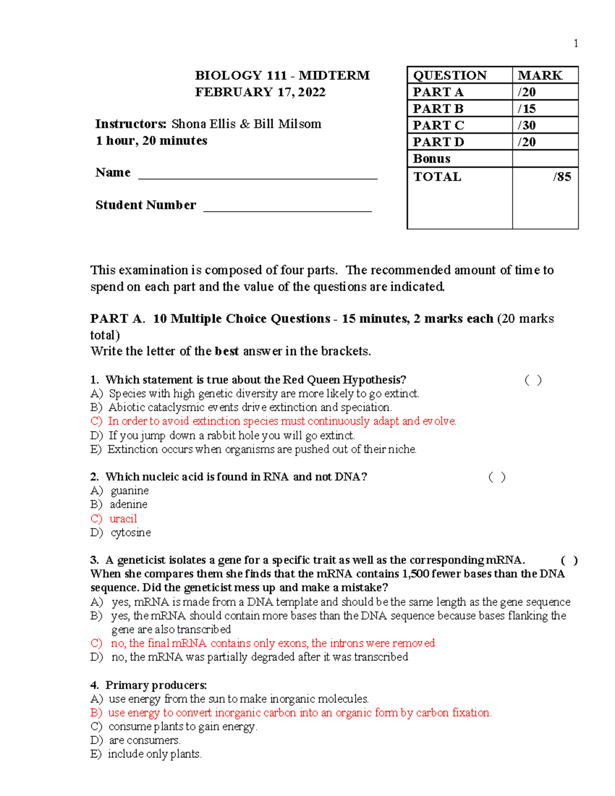 MT Key 2022 - UBC BIOL111 Past midterm with answers - BIOLOGY 111 ...