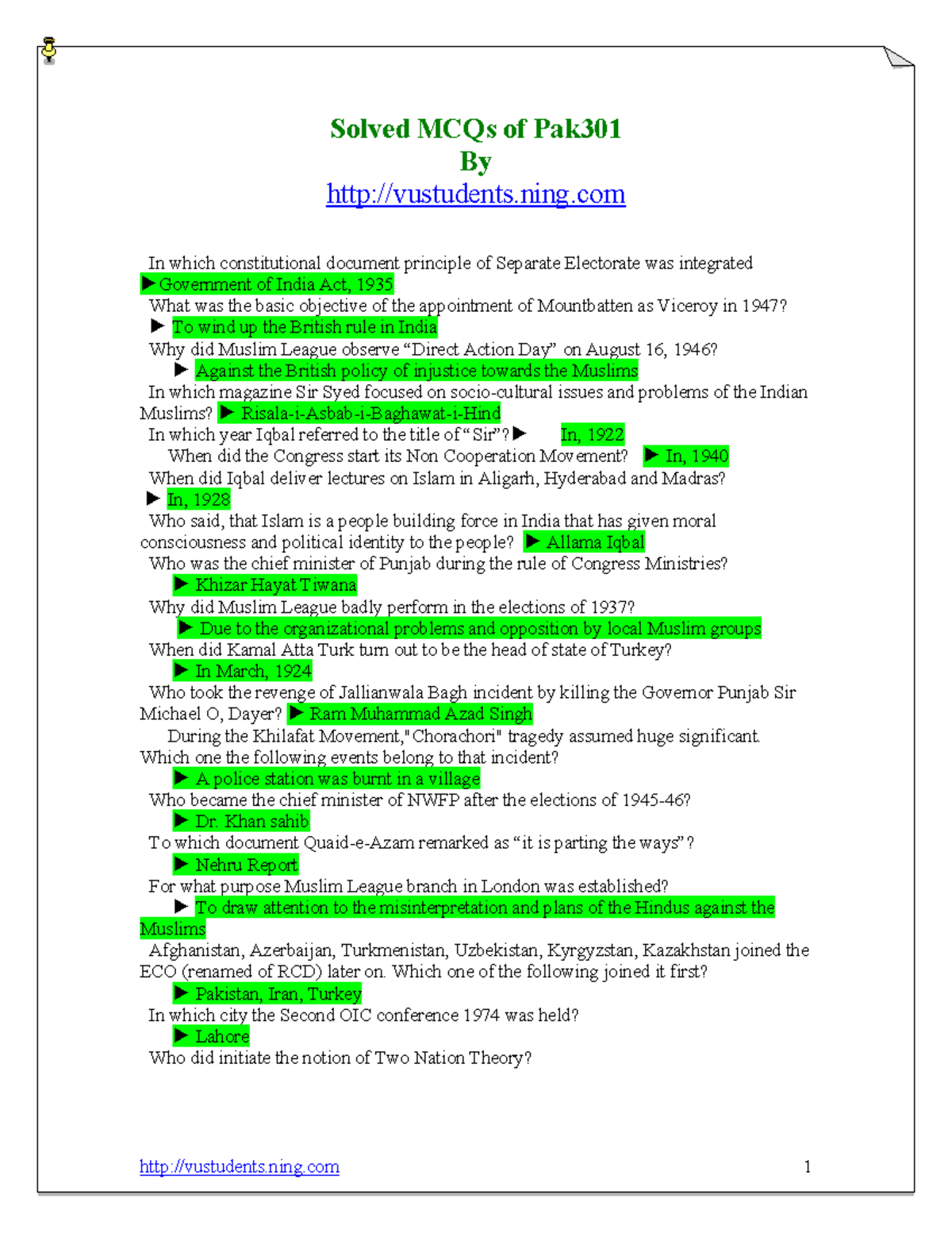 Pak301 Solved MCQsof - Solved MCQs of Pak By vustudents.ning In which constitutional document ...