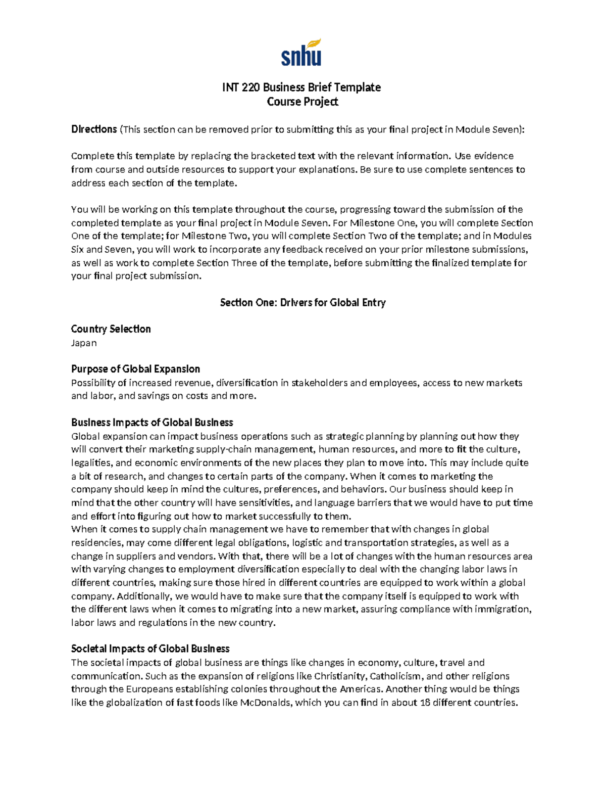 Milestone ONE- INT 220 - Global entry business brief - INT 220 Business ...