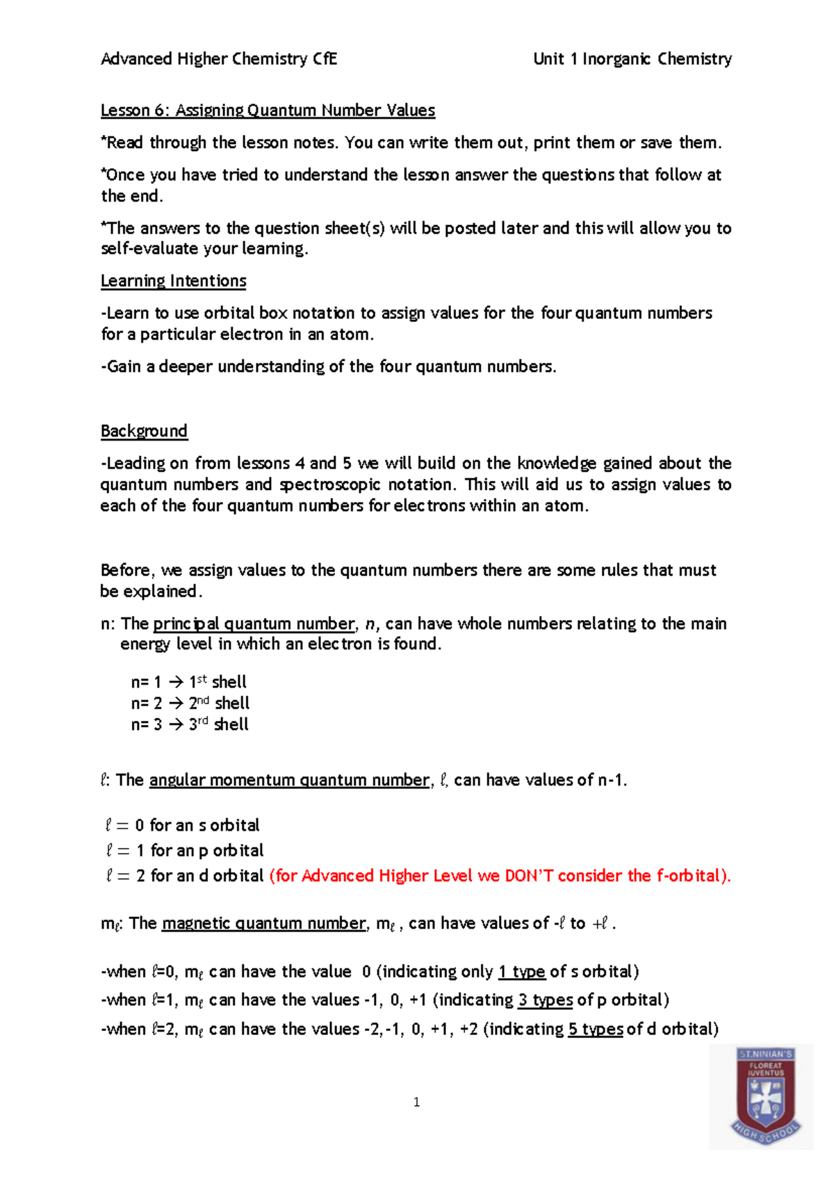 Notes ON Quantum Numbers - Advanced Higher Chemistry CfE Unit 1 ...