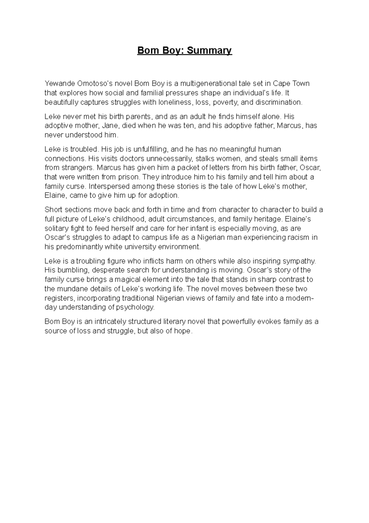 Bom Boy Summary - Bom Boy - Bom Boy: Summary Yewande Omotoso’s novel ...