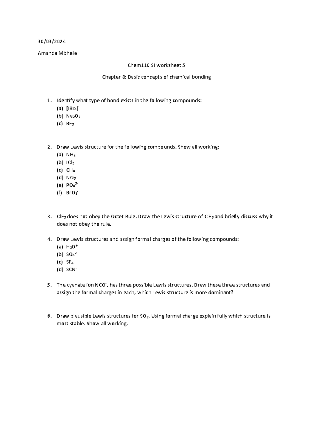 CHEM110 SI worksheet 5 - 30/03/ Amanda Mbhele Chem110 SI worksheet 5 ...