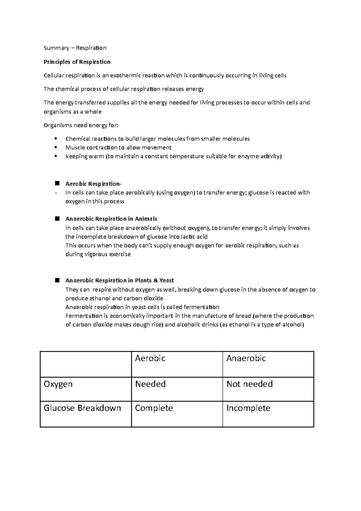 Summary - Respiration - Summary – Respiration Principles of Respiration ...