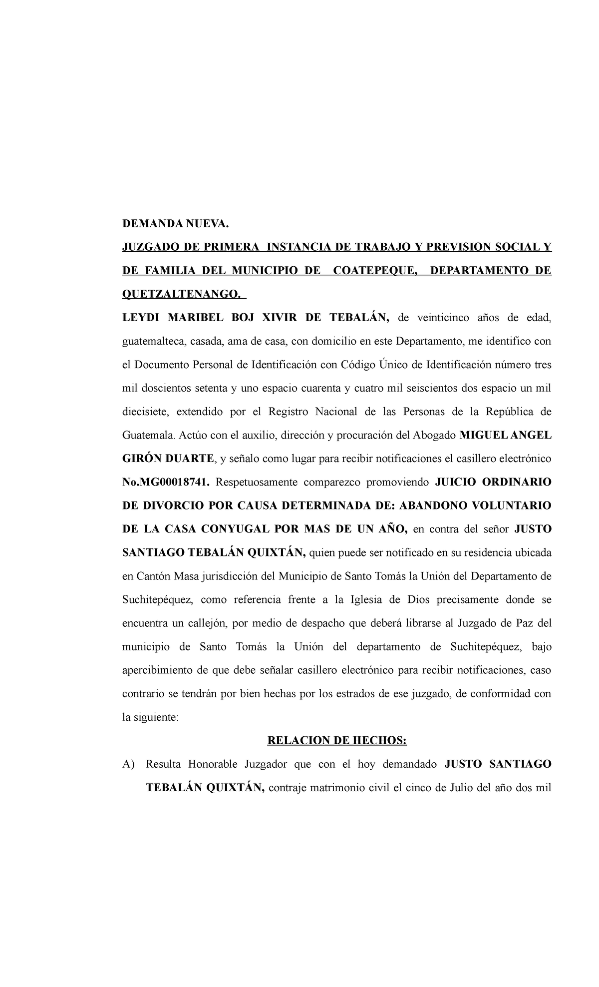 Demanda Ordinaria DE Divorcio Abandono Voluntario Leydi Maribel BOJ ...