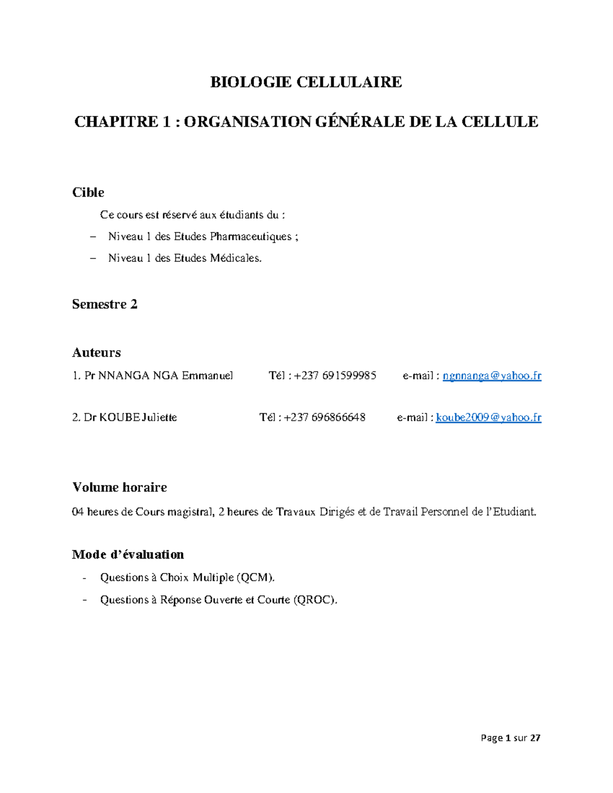 Chapitre 1 organisation générale de la cellule - BIOLOGIE CELLULAIRE ...