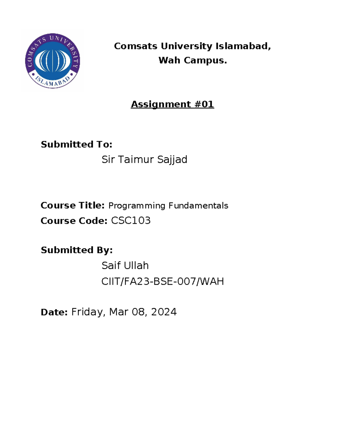 FA23-BSE-007 - Comsats University Islamabad, Wah Campus. Assignment Submitted To: Sir Taimur ...