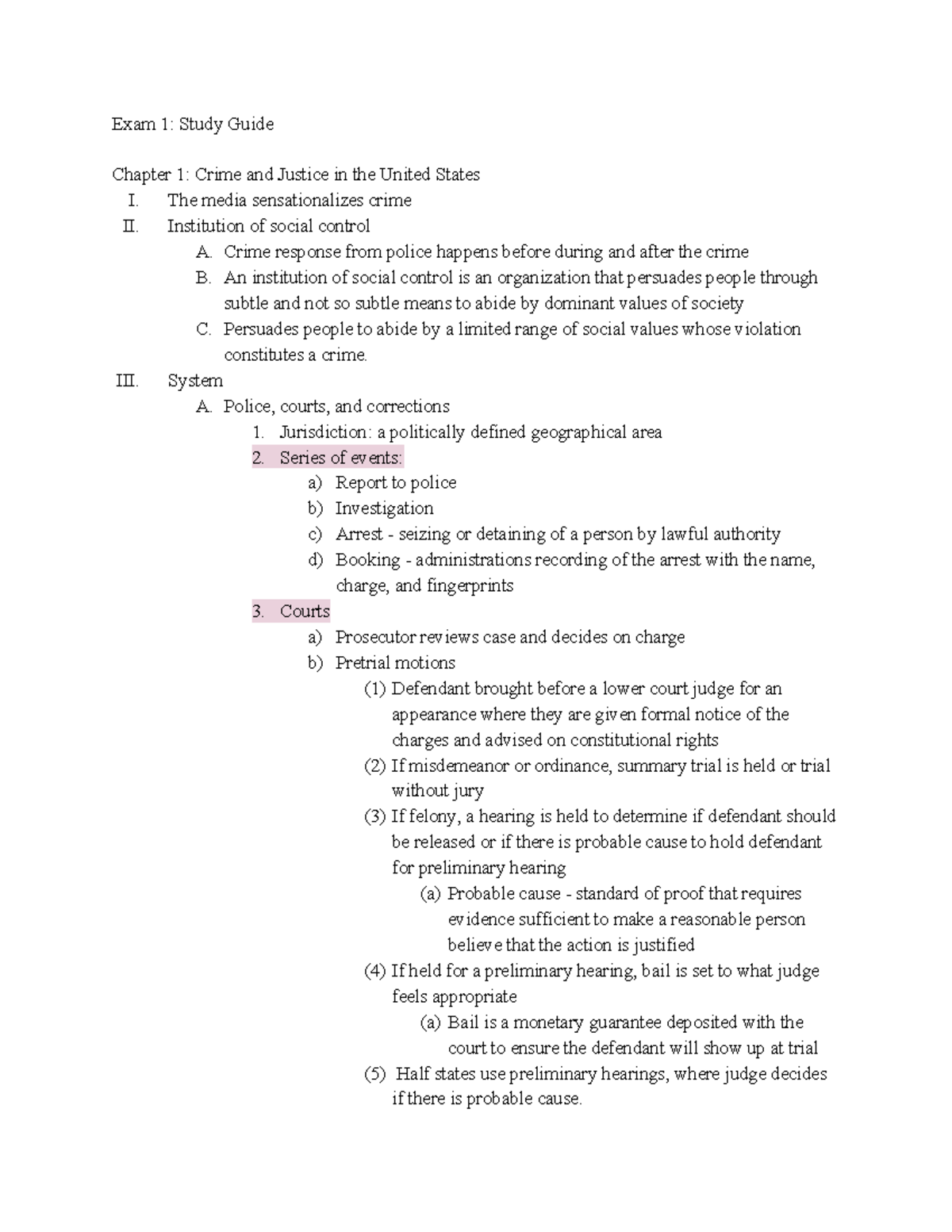 Exam 1 Study Guide - Exam 1: Study Guide Chapter 1: Crime and Justice ...