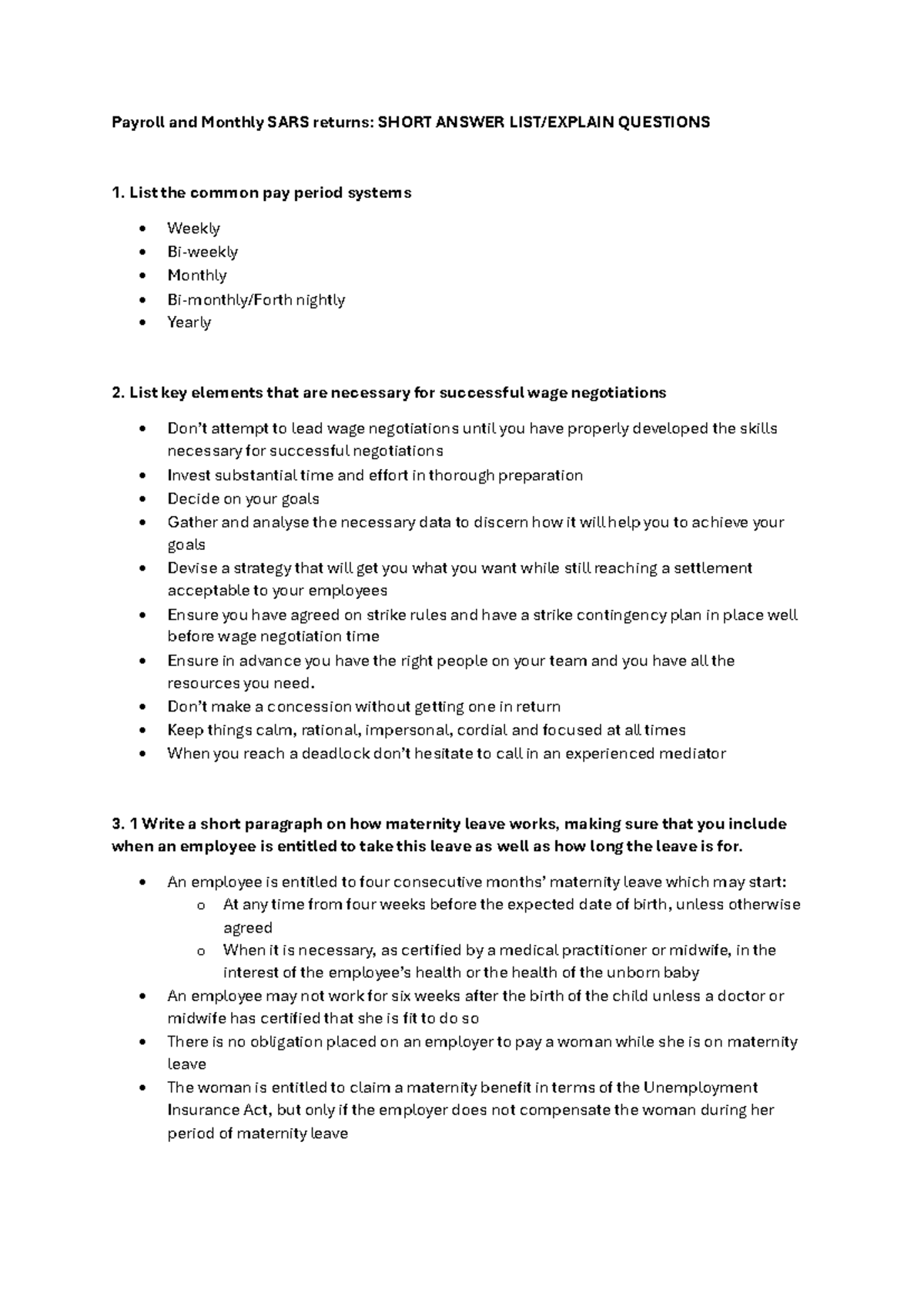 General notes - Payroll and Monthly SARS returns: SHORT ANSWER LIST ...