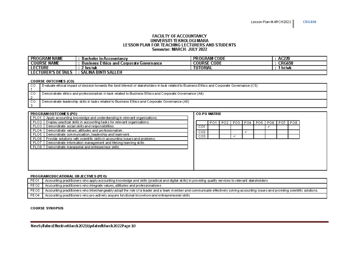Lesson Plan CRG650 SEM March - JULY 2022 - FACULTY OF ACCOUNTANCY ...