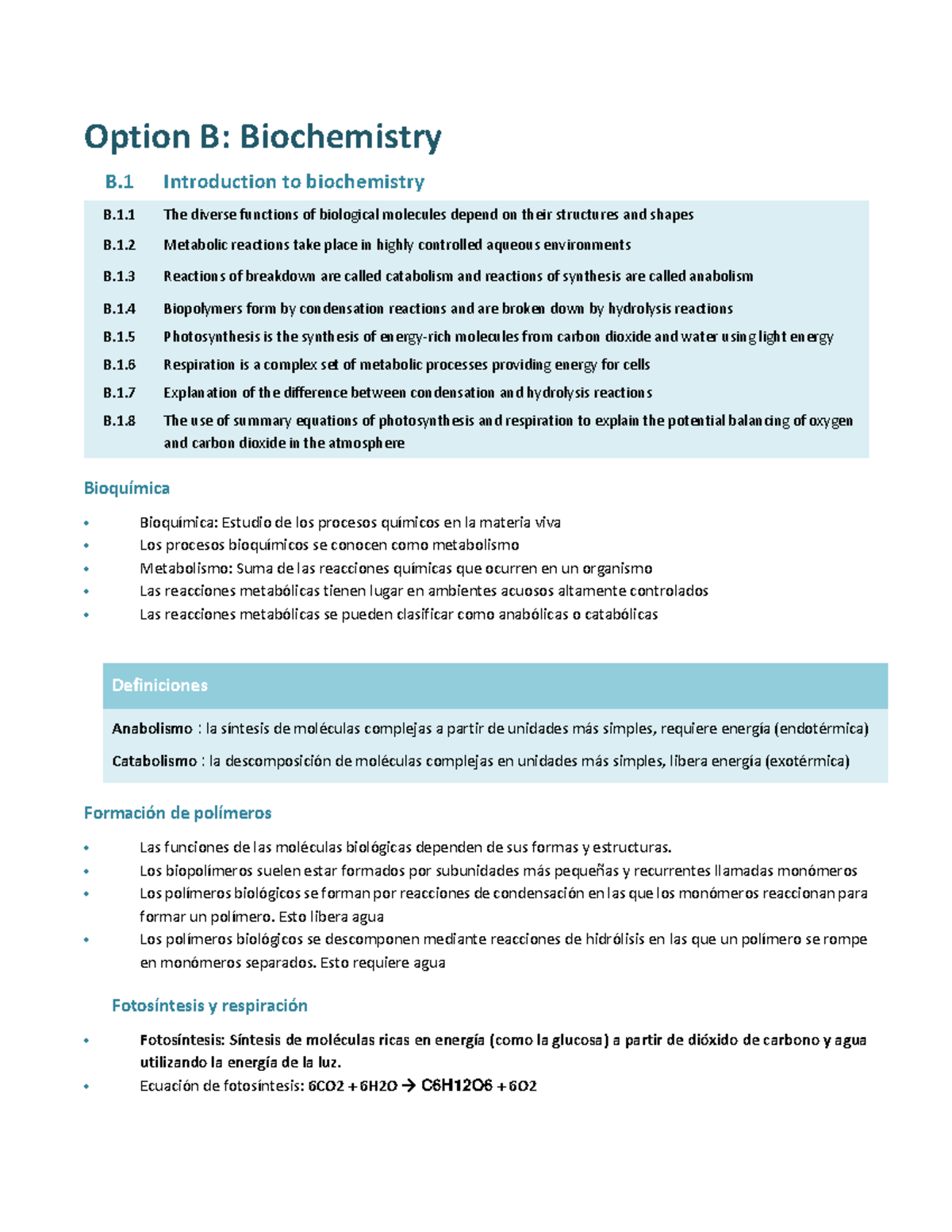 OPCIÓN B: Bioquímica - Option B: Biochemistry B Introduction to ...