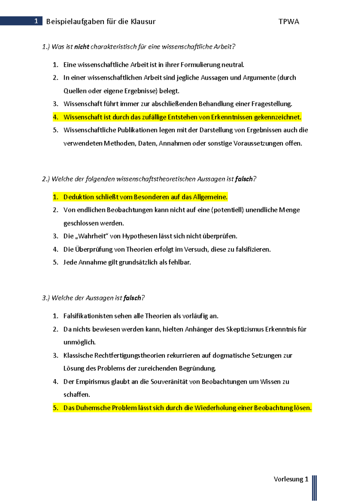 Beispielaufgaben für die klausur tpwa - 1 Beispielaufgaben für die ...
