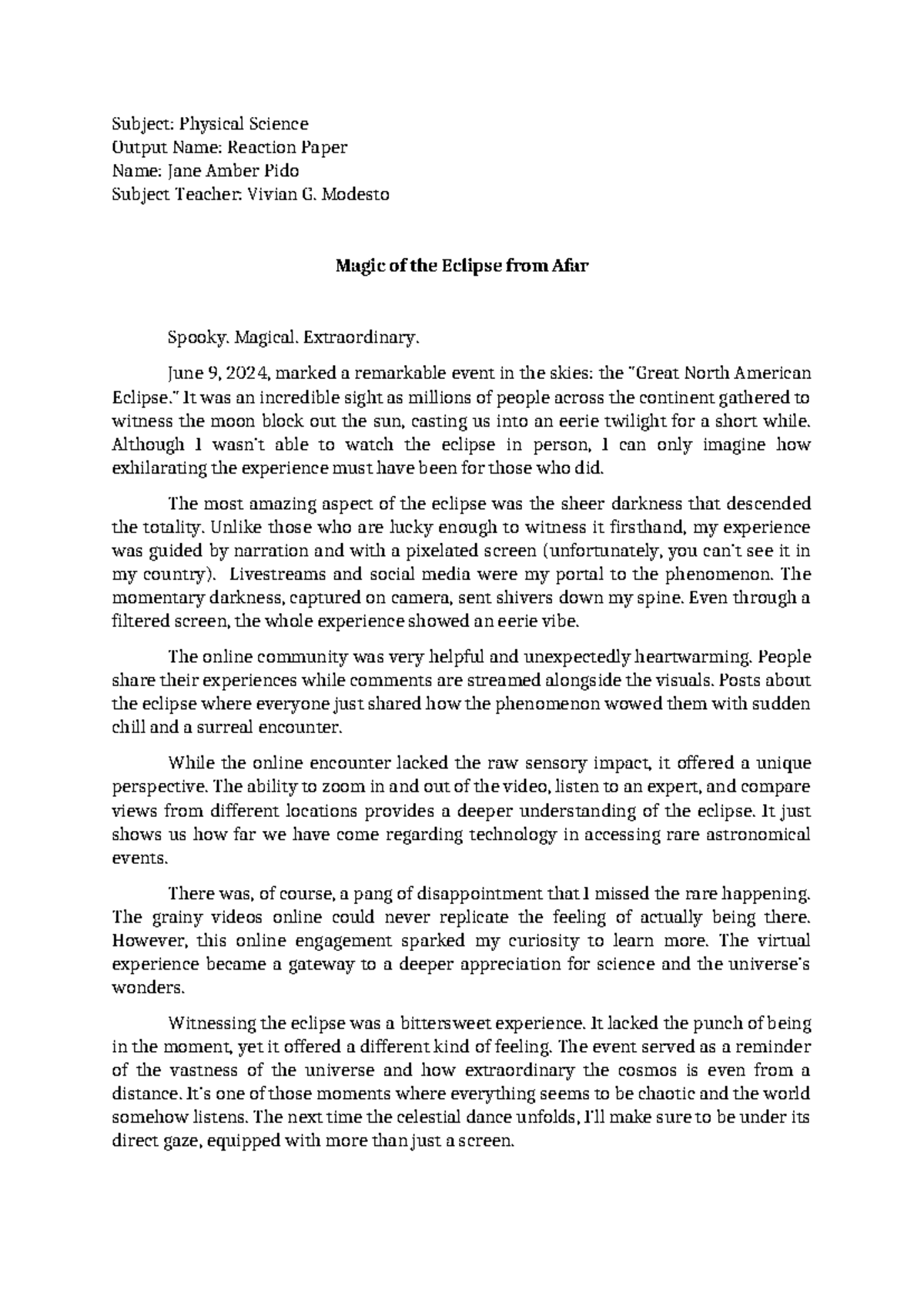 Physical Science Reaction Paper - Subject: Physical Science Output Name ...