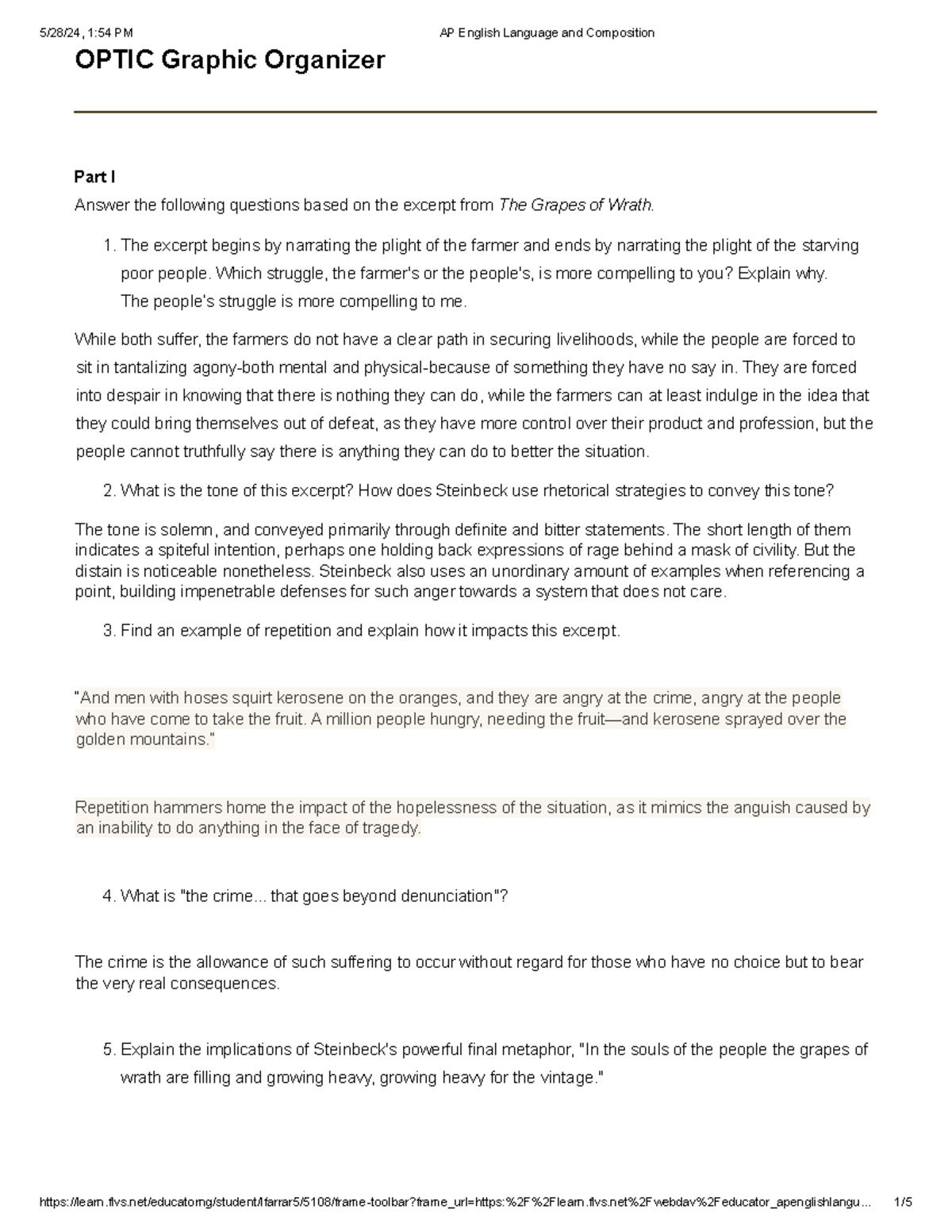 AP LANG 6.06 Assignment - OPTIC Graphic Organizer Part I Answer the ...