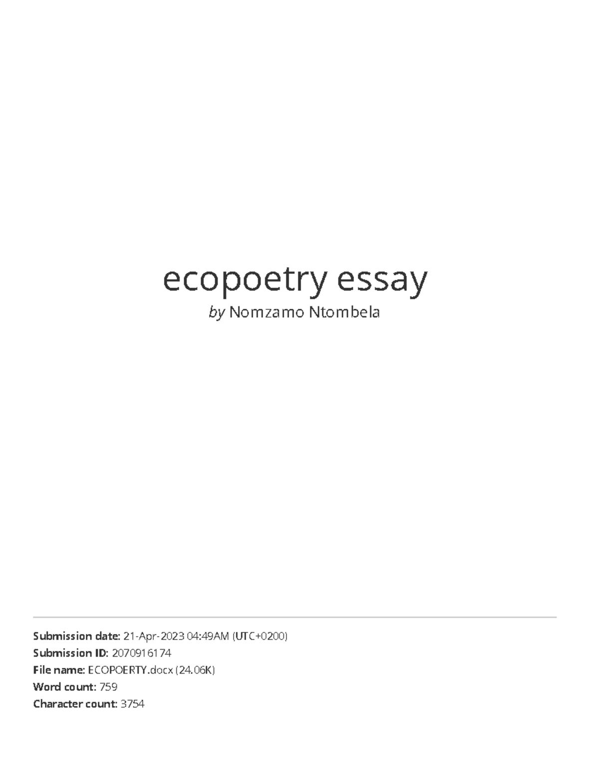 Ecopoetry essay - ecopoetry essay by Nomzamo Ntombela Submission date ...