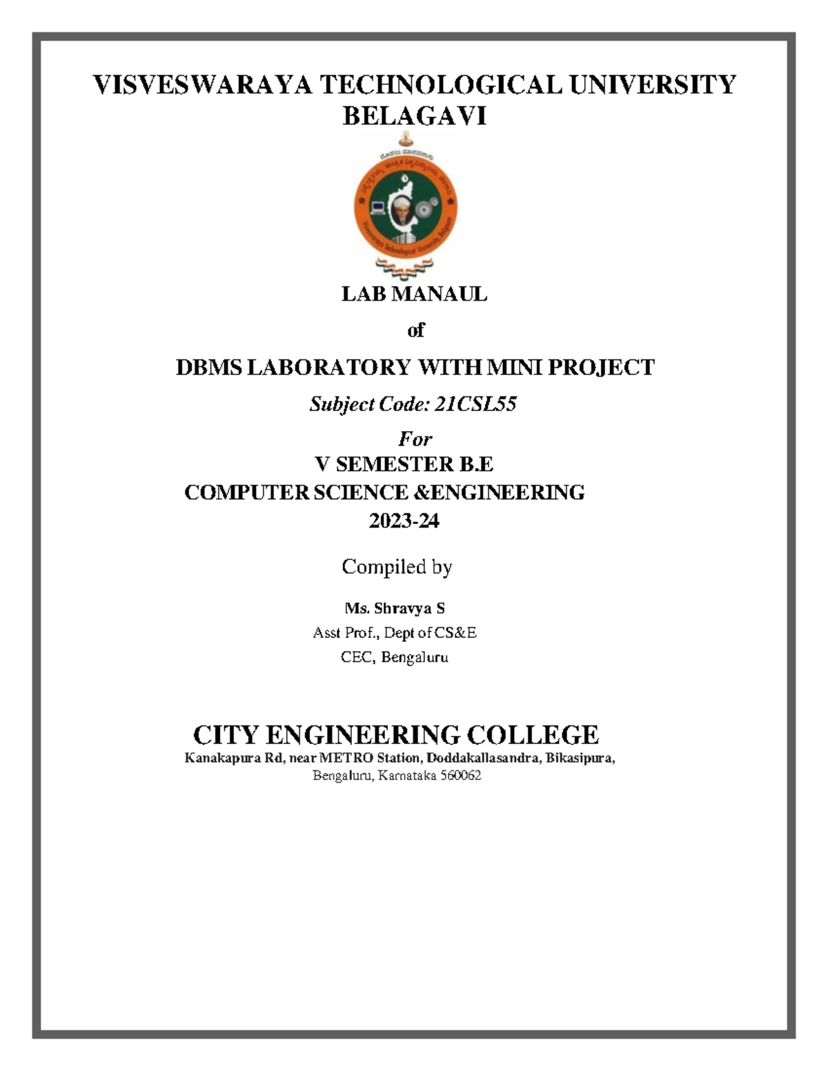 DBMS LAB Manual Edited 2023-24 - VISVESWARAYA TECHNOLOGICAL UNIVERSITY ...
