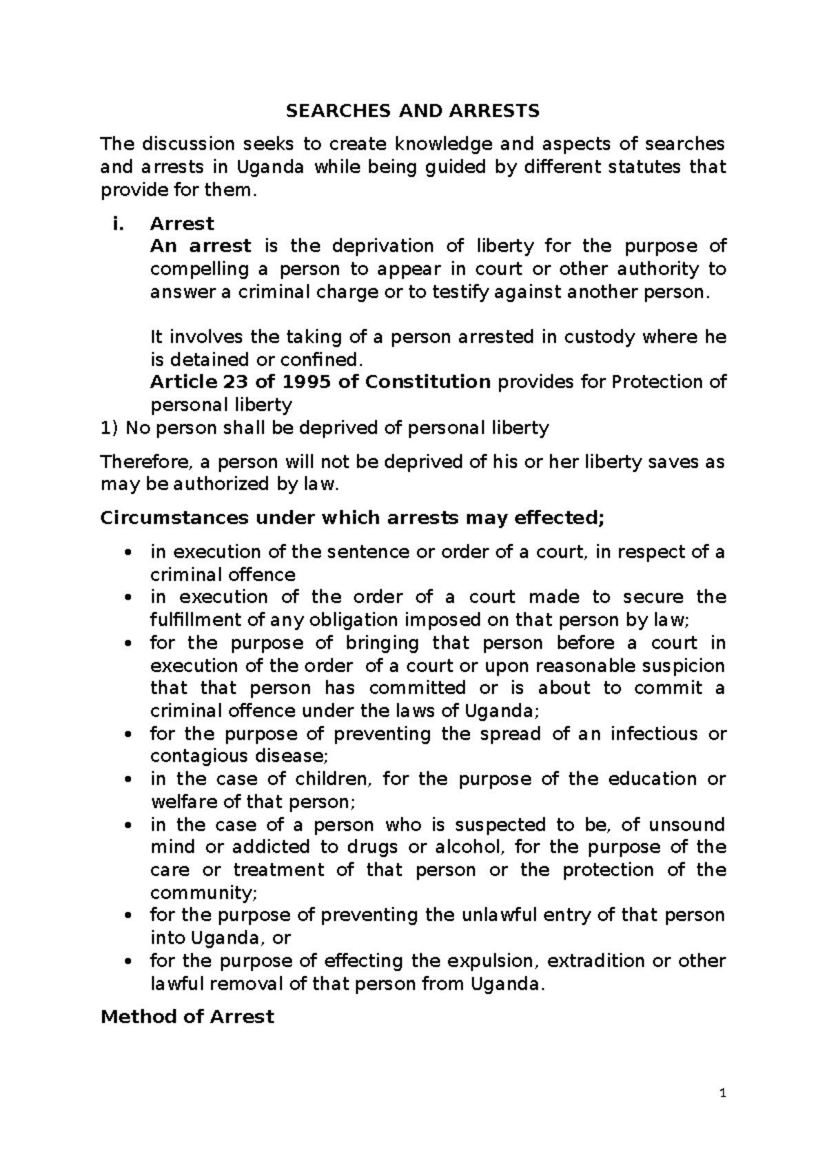 Arrest - Clear essay - SEARCHES AND ARRESTS The discussion seeks to ...