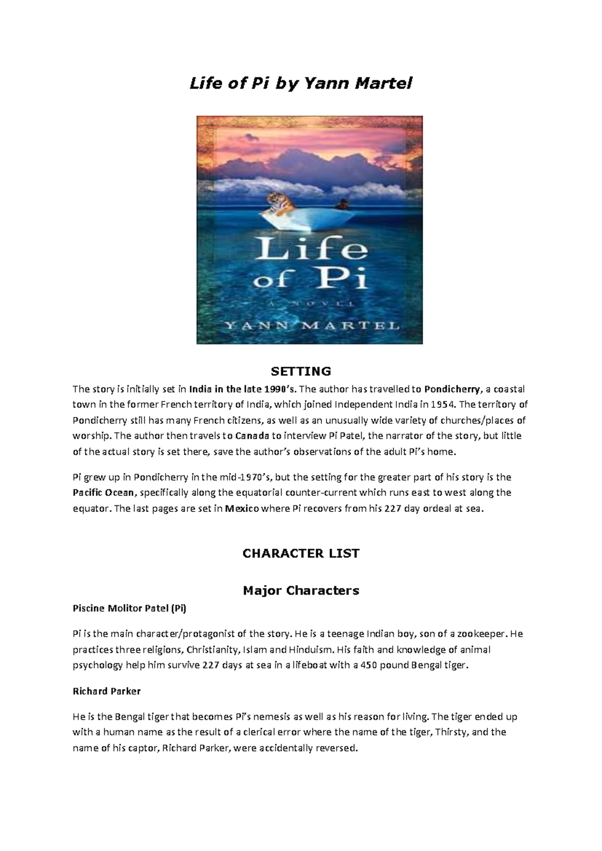 Life of Pi Best Notes 240519 154115 - Life of Pi by Yann Martel SETTING ...