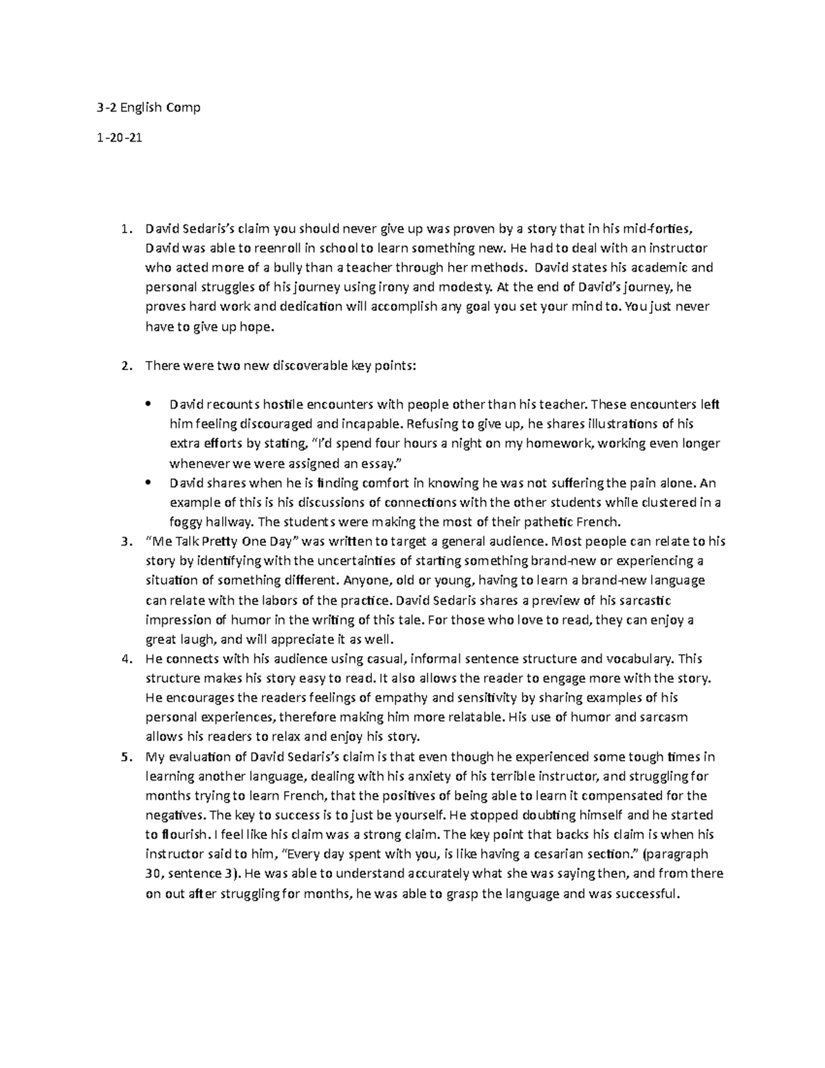 3-2 anaylsis - english comp - 3-2 English Comp 1-20- David Sedaris’s ...