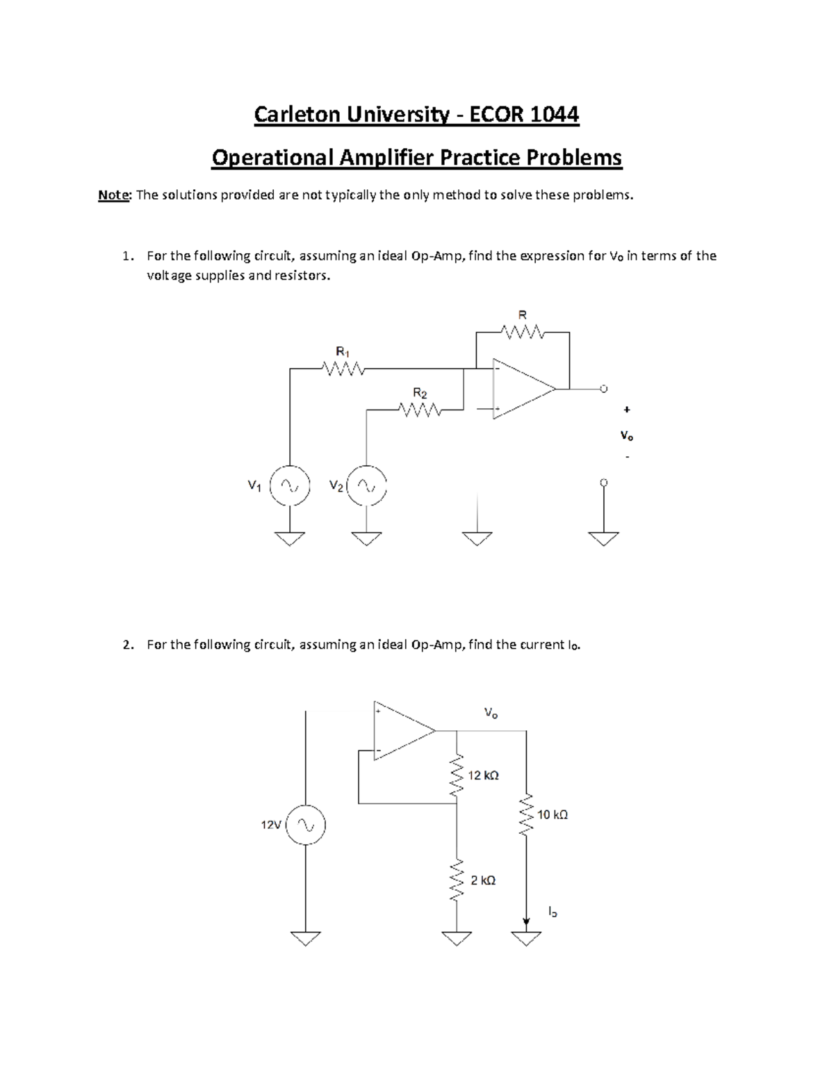 Problem Set 5 - Operational Amplifier Practice Problems V1 - Carleton University - ECOR 1044 ...