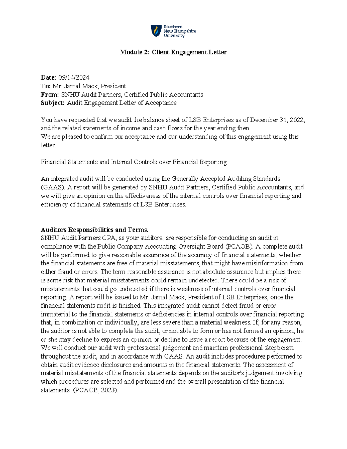 ACC 411 Module Two Client Engagement Letter Template - Module 2: Client ...