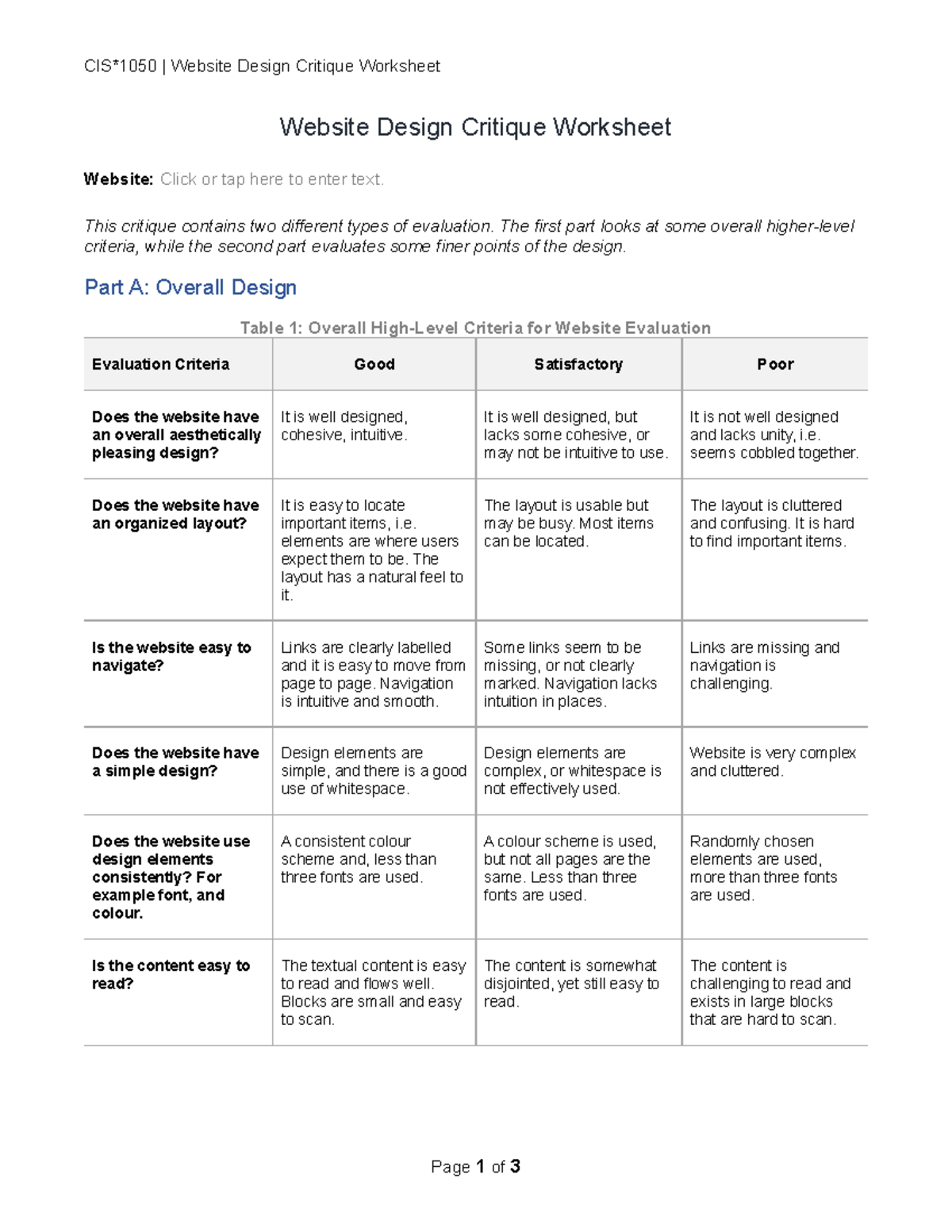 Website Design Critique Worksheet - CIS*1050 | Website Design Critique ...