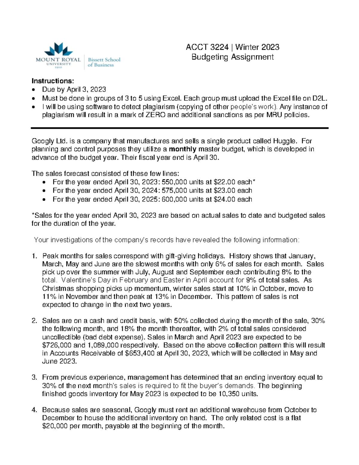 ACCT 3224 Budget Assignment Winter 2023 - ACCT 3224 | Winter 2023 Budgeting Assignment ...