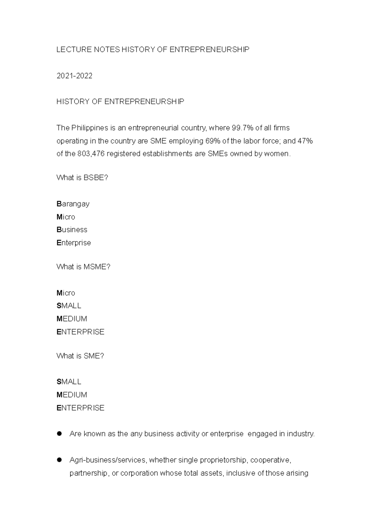 Lecture Notes History OF Entrepreneurship - LECTURE NOTES HISTORY OF ...