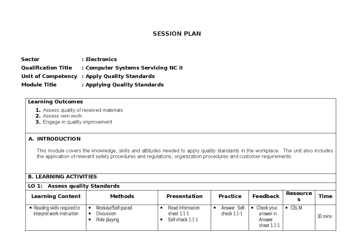 Applying Quality Standards - SESSION PLAN Sector : Electronics Qualification Title : Computer ...