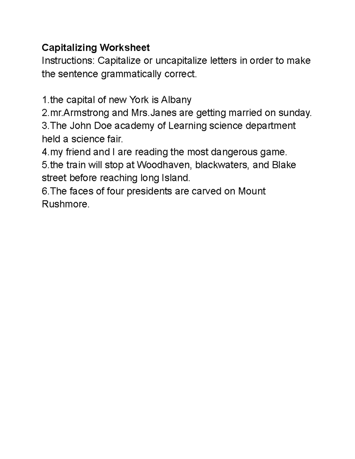 Capitalizing Worksheet - Capitalizing Worksheet Instructions ...