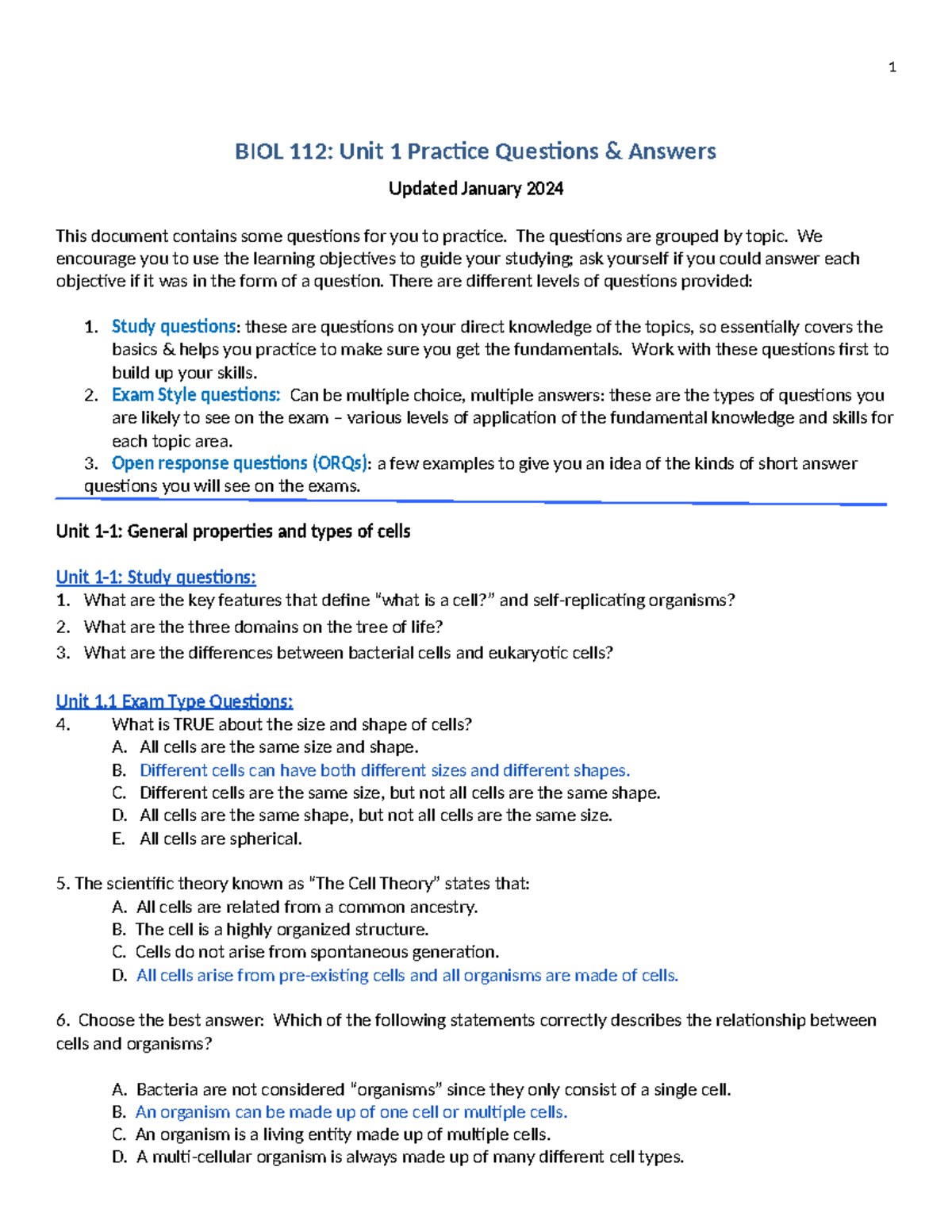 Unit 1 practice questions - BIOL 112: Unit 1 Practice Questions ...