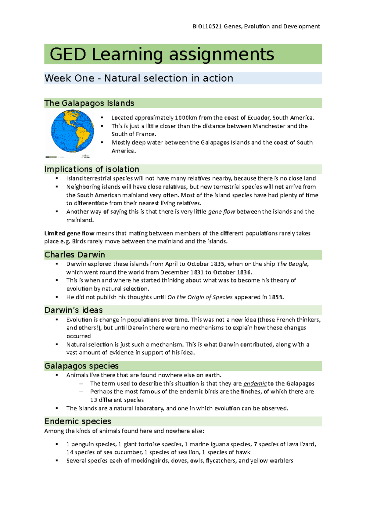 GED learning assignments Week 1 - BIOL10521 Genes, Evolution and ...