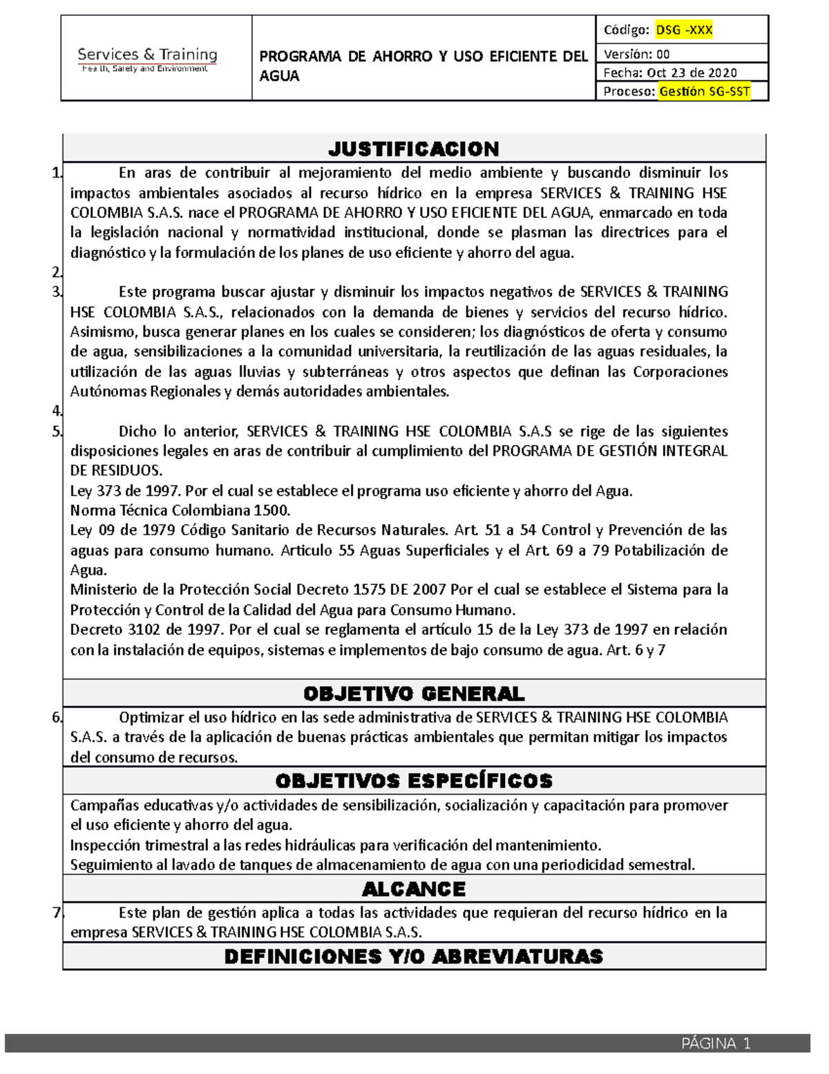 Programa DE Ahorro Y USO Eficiente DEL AGUA - PROGRAMA DE AHORRO Y USO EFICIENTE DEL AGUA Código ...