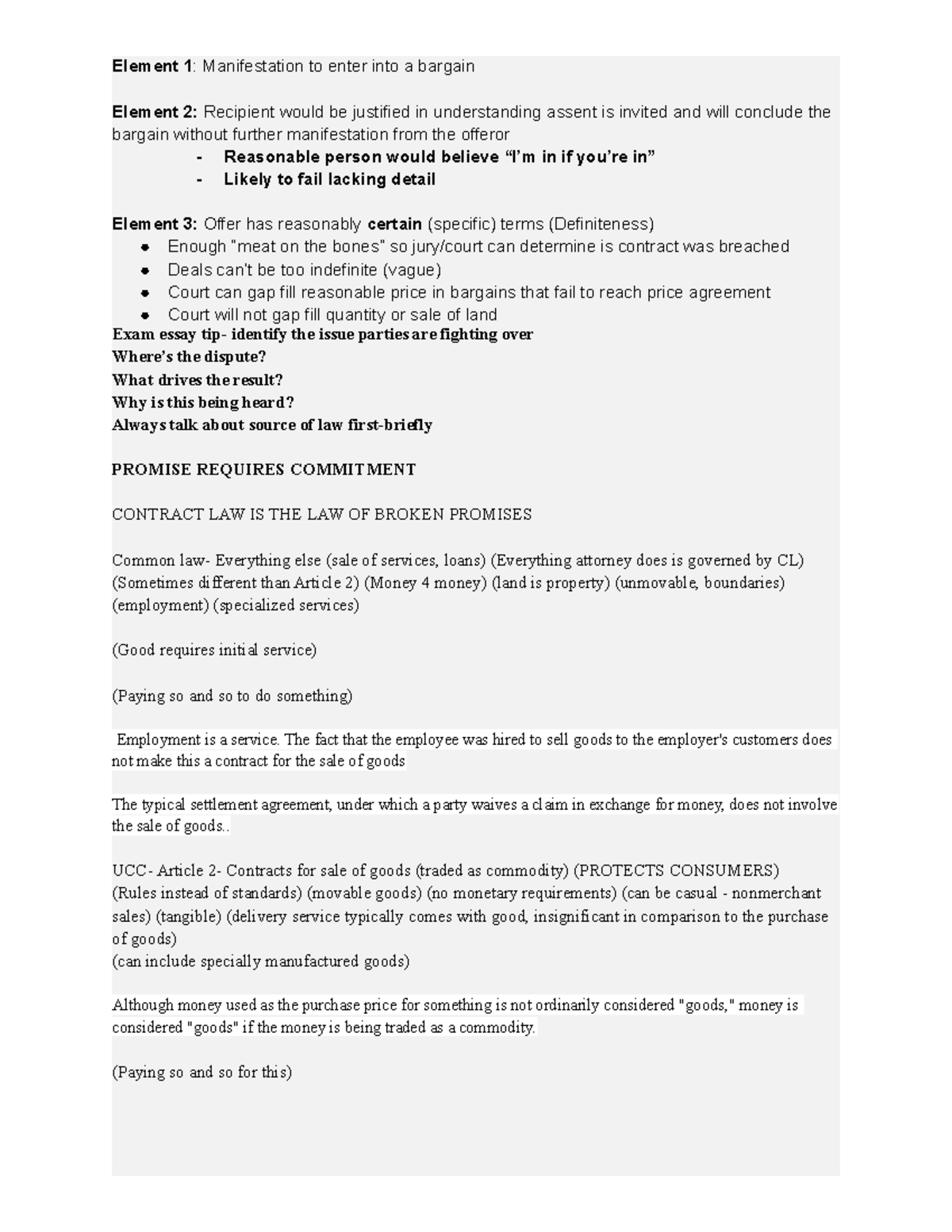 O'G- Barry-Contracts Notes - Element 1: Manifestation to enter into a ...