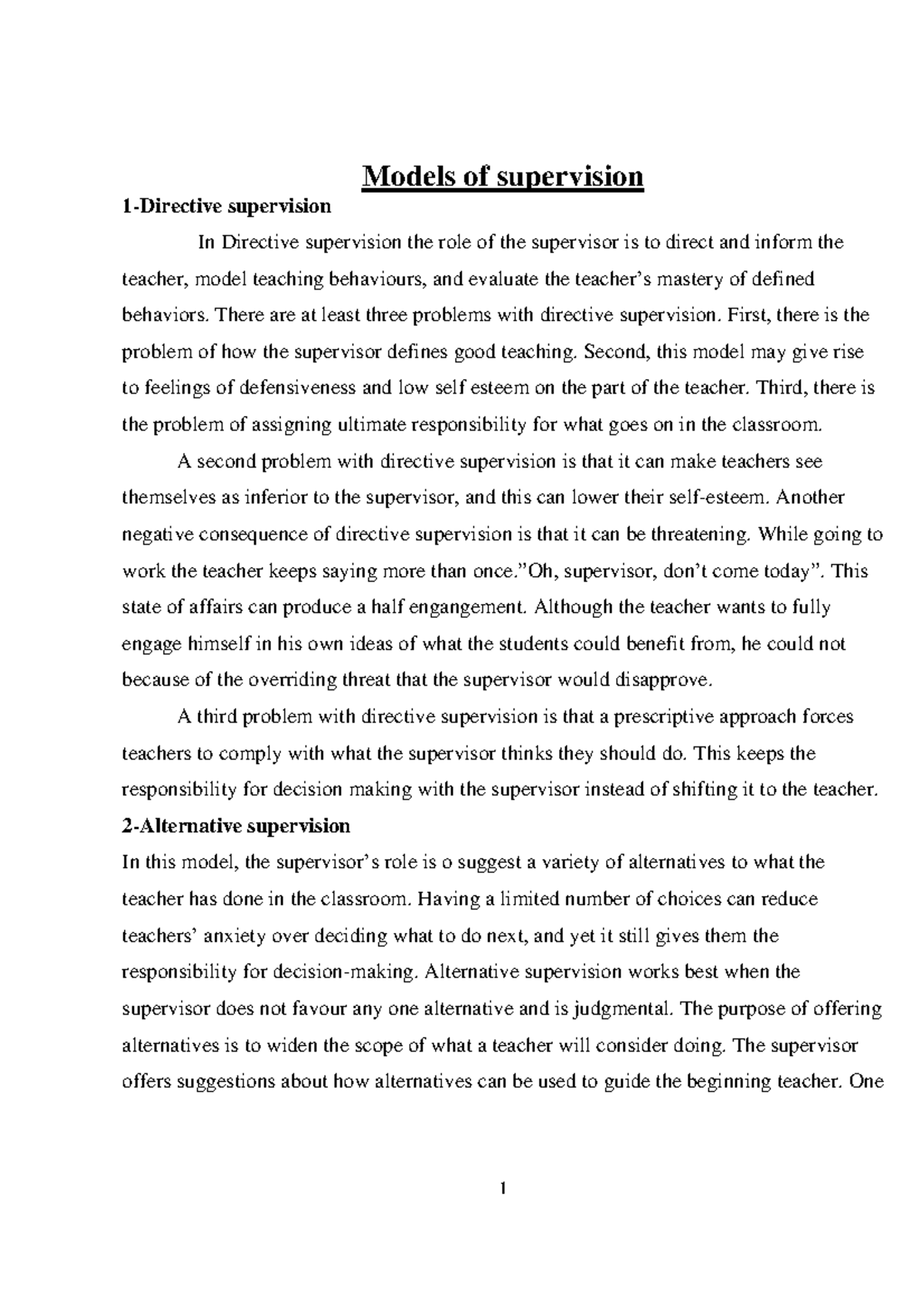 Models-of-supervision - Models of supervision 1-Directive supervision ...