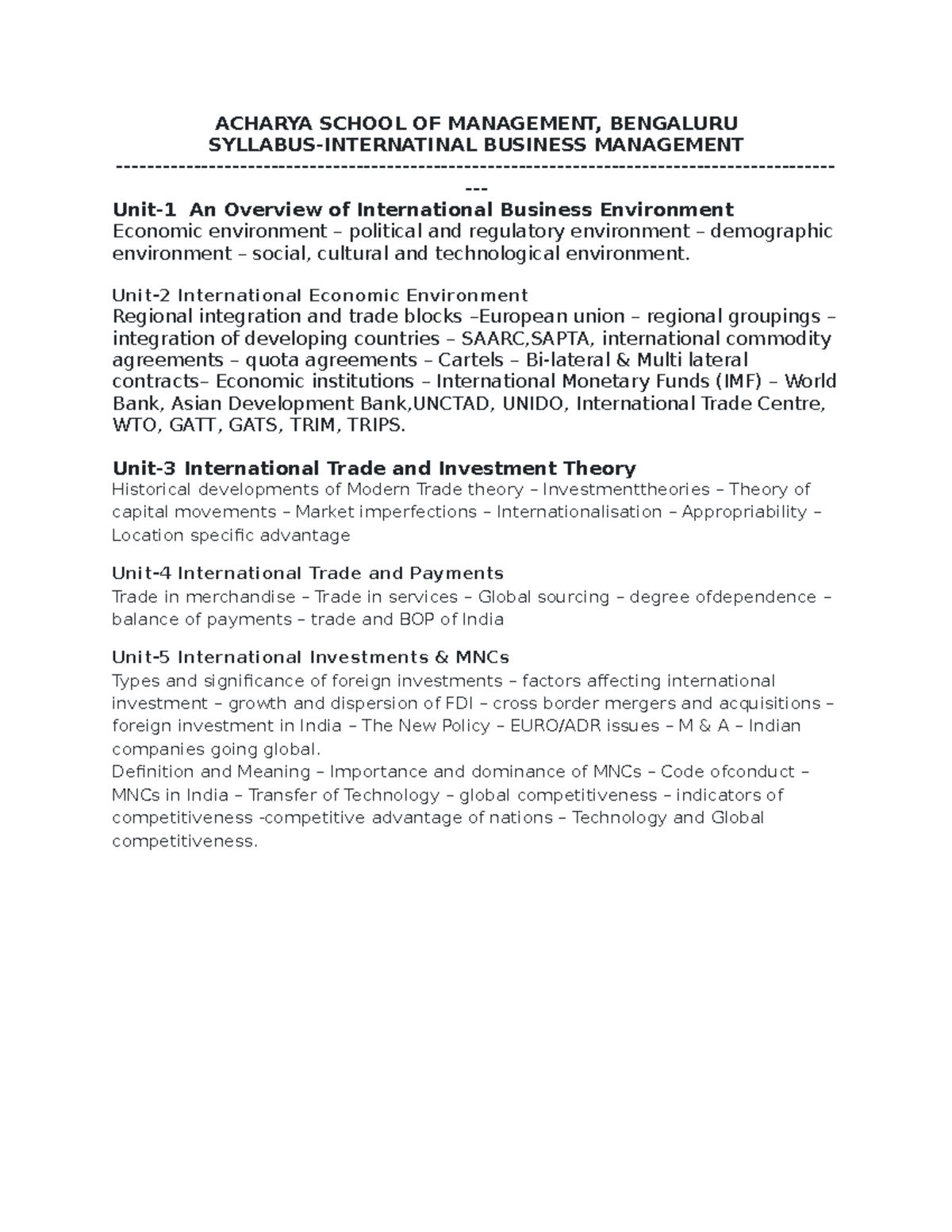 International business management- syllabus - ACHARYA SCHOOL OF ...