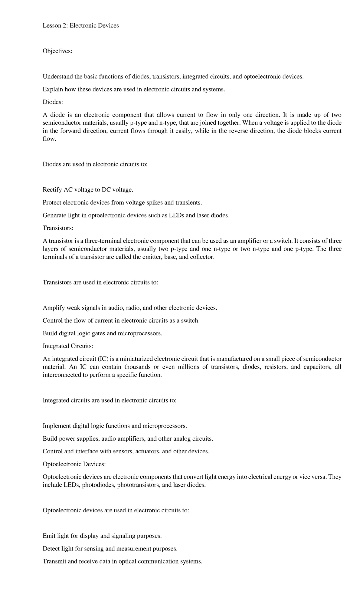 Ee2 - module - Lesson 2: Electronic Devices Objectives: Understand the ...