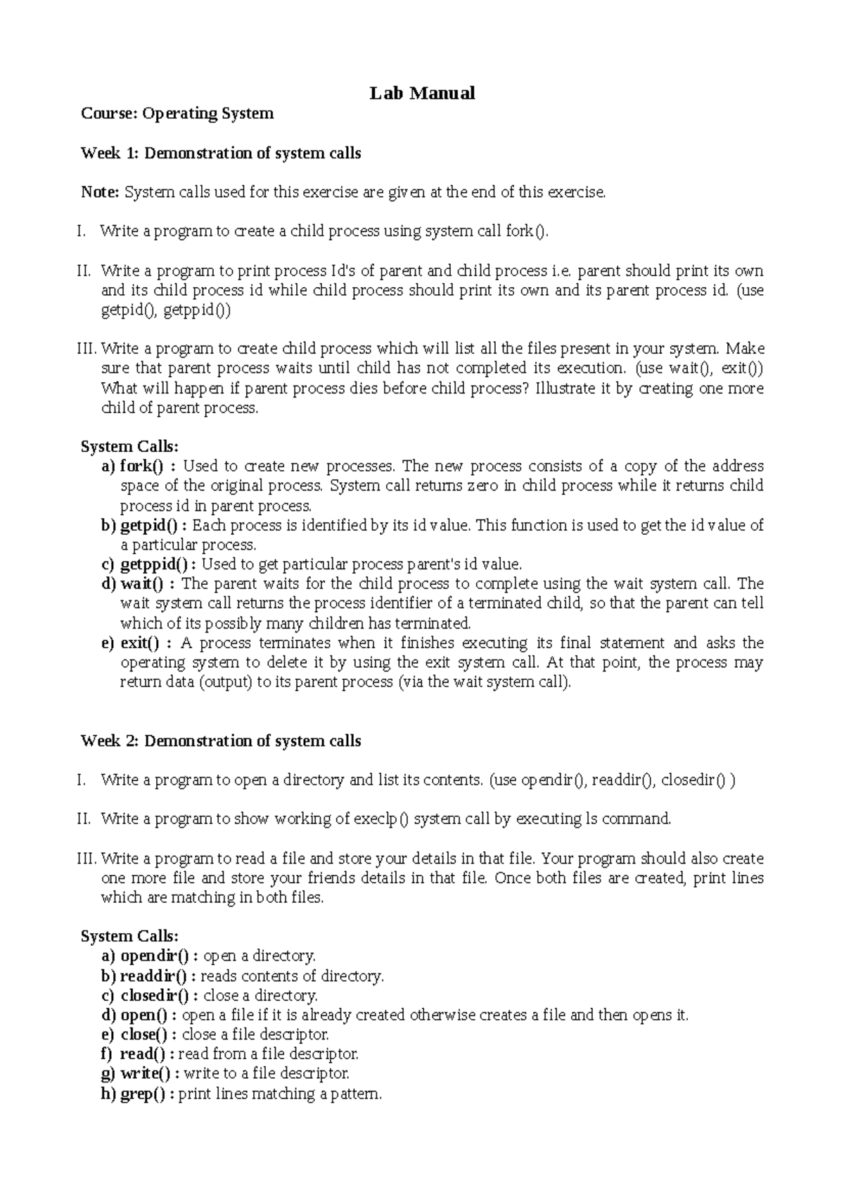Os Lab Manual Lab Manual Course Operating System Week 1 Demonstration Of System Calls Note
