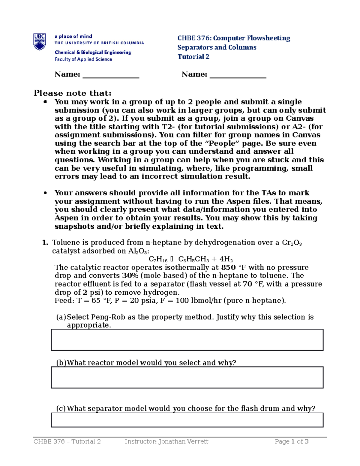 T02 2021W - 2nd Tutorial Problem Session - CHBE 376: Computer Flowsheeting Separators and ...