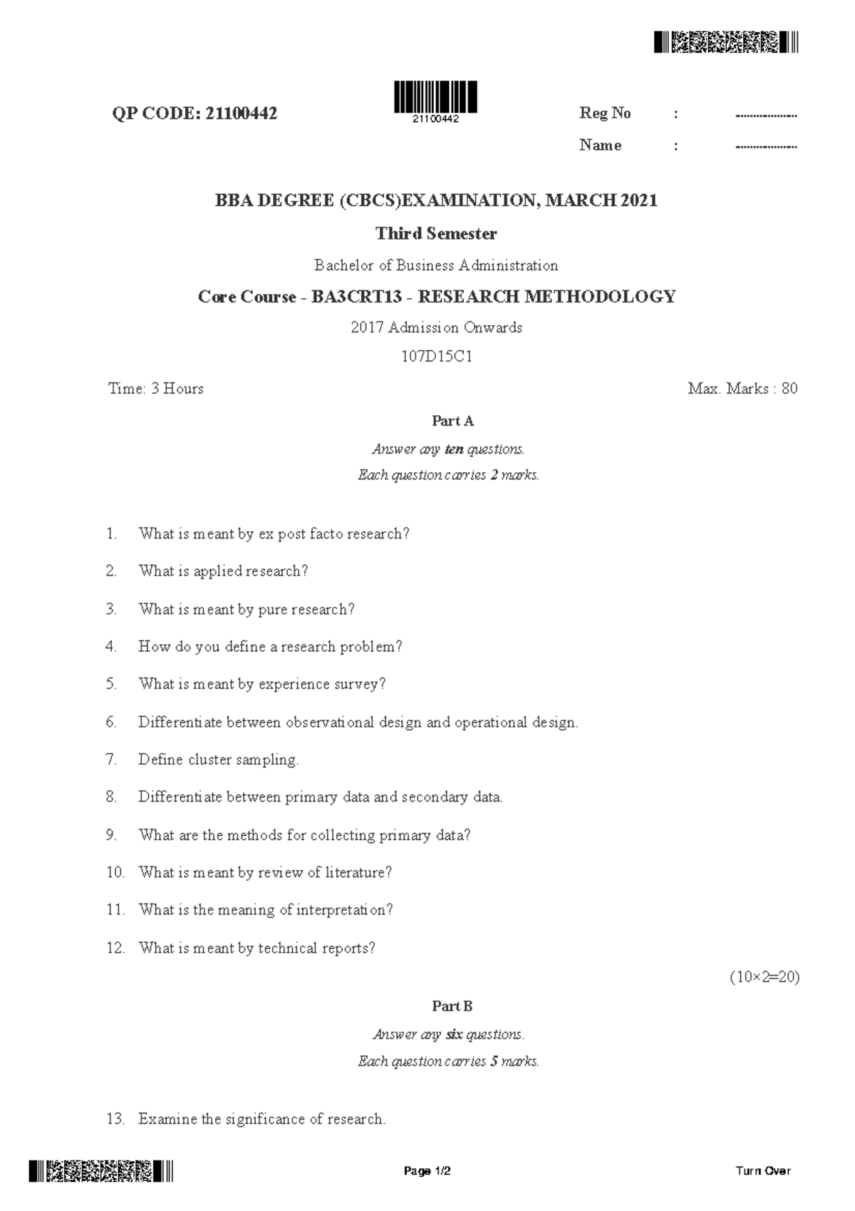 Research Methodology 2021 - QP CODE: 21100442 Reg No ...