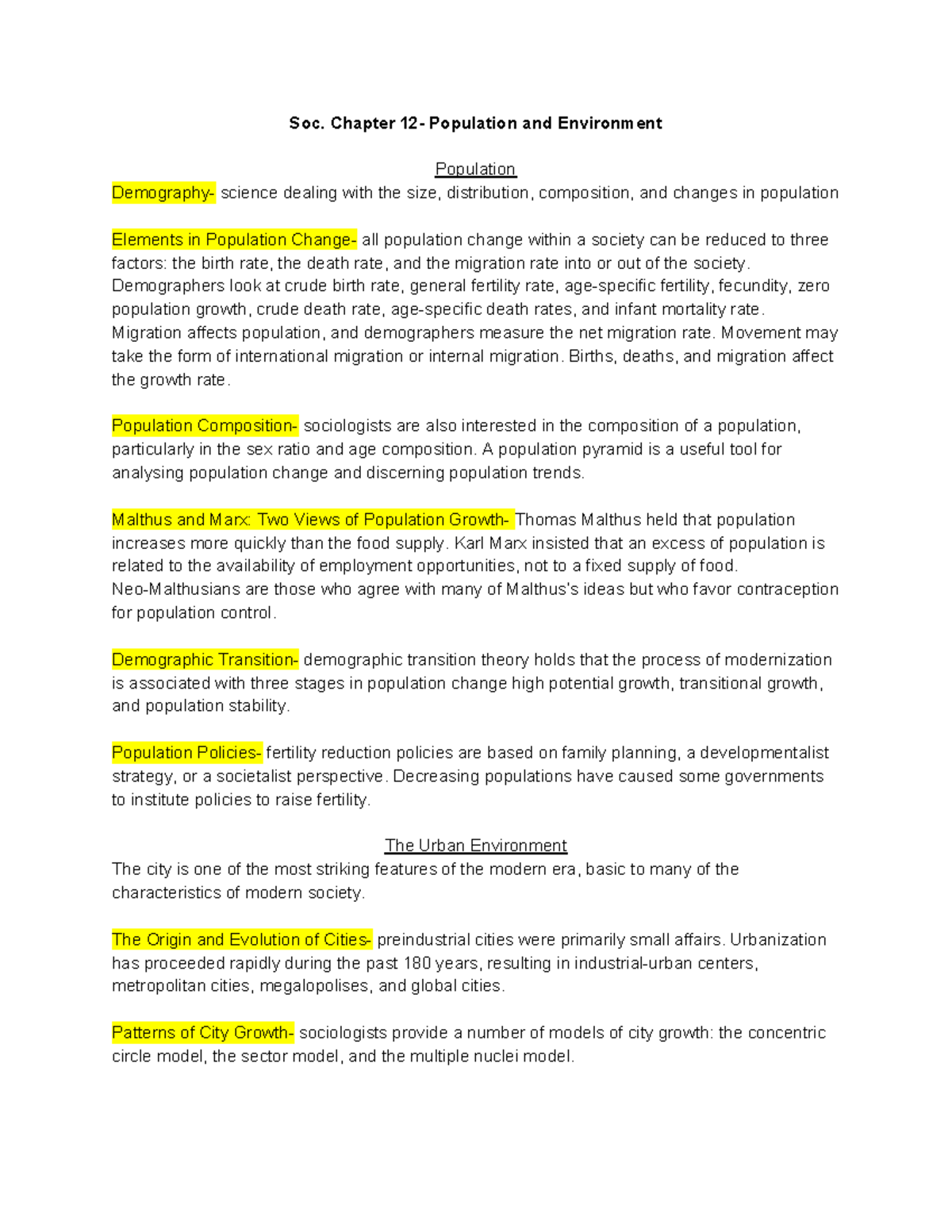 Soc. Chapter 12 - Lecture notes 12 - Soc. Chapter Population and ...
