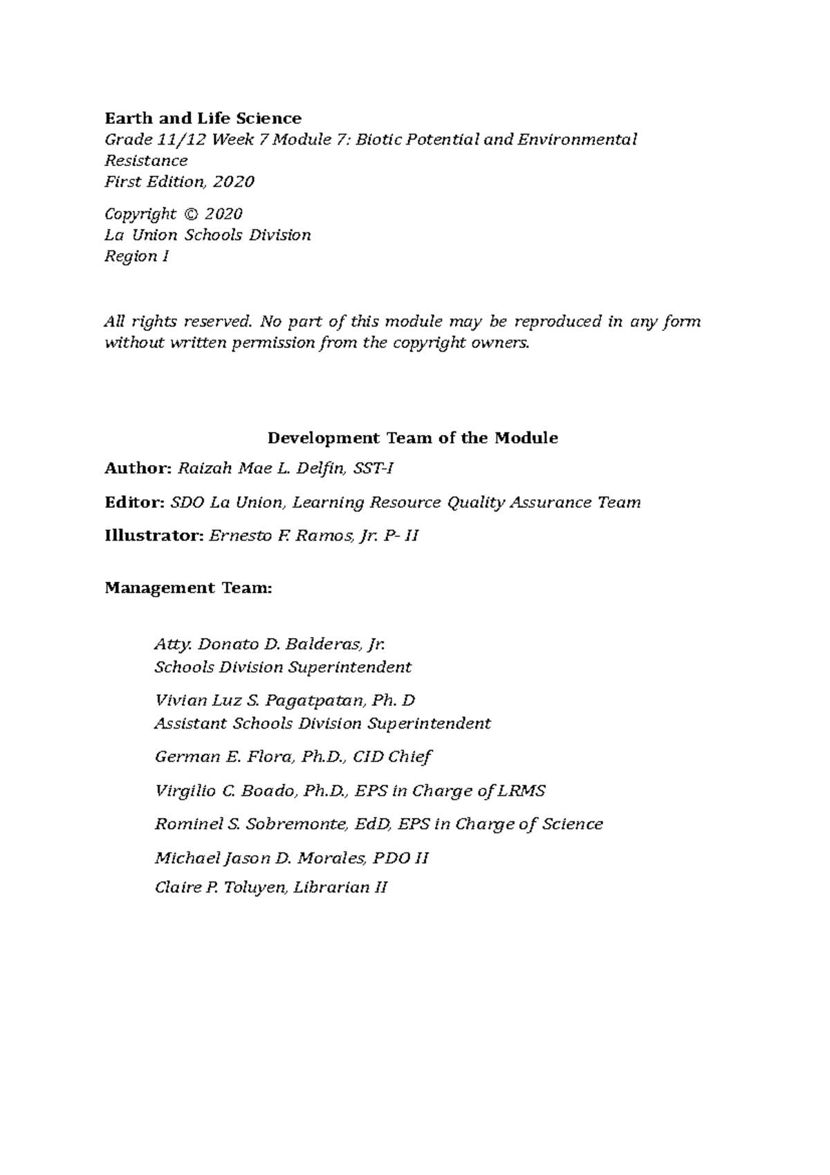 Module-7 - Good to gv - Earth and Life Science Grade 11/12 Week 7 Module 7: Biotic Potential and ...