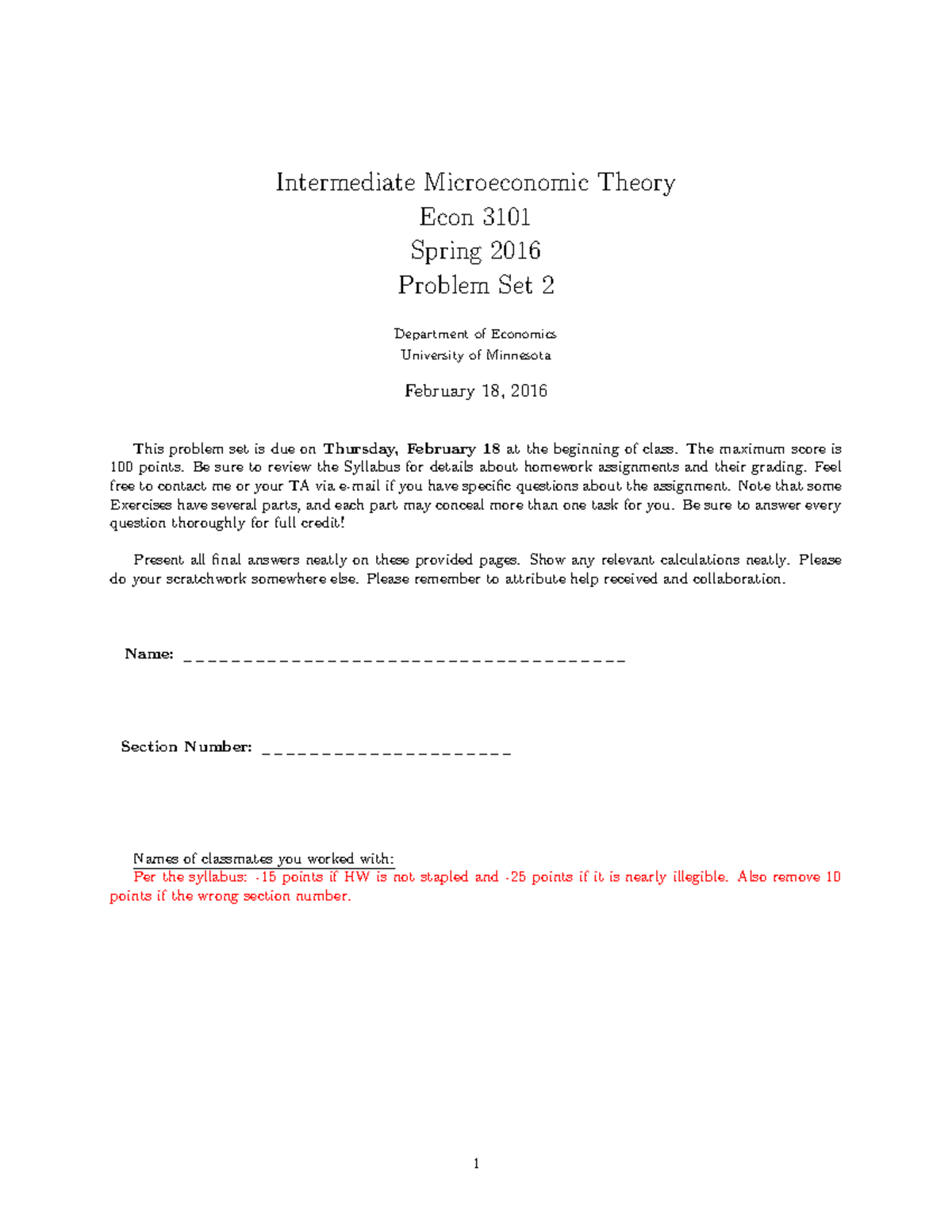 Hm2 key - Answer Key - Intermediate Microeconomic Theory Econ 3101 Spring 2016 Problem Set 2 ...