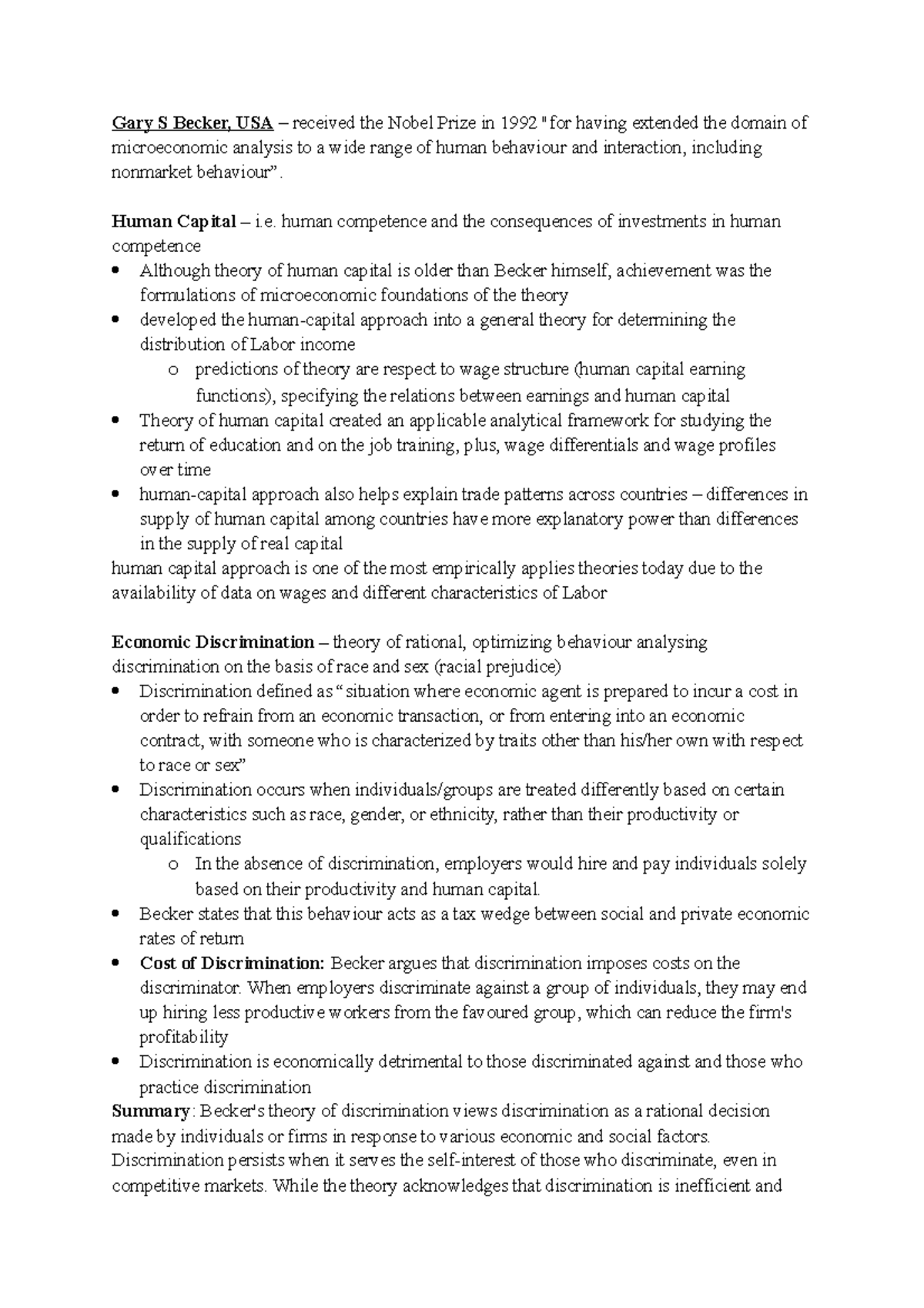Becker's theory of discrimination, Stiglitz on credit rationing - Gary ...