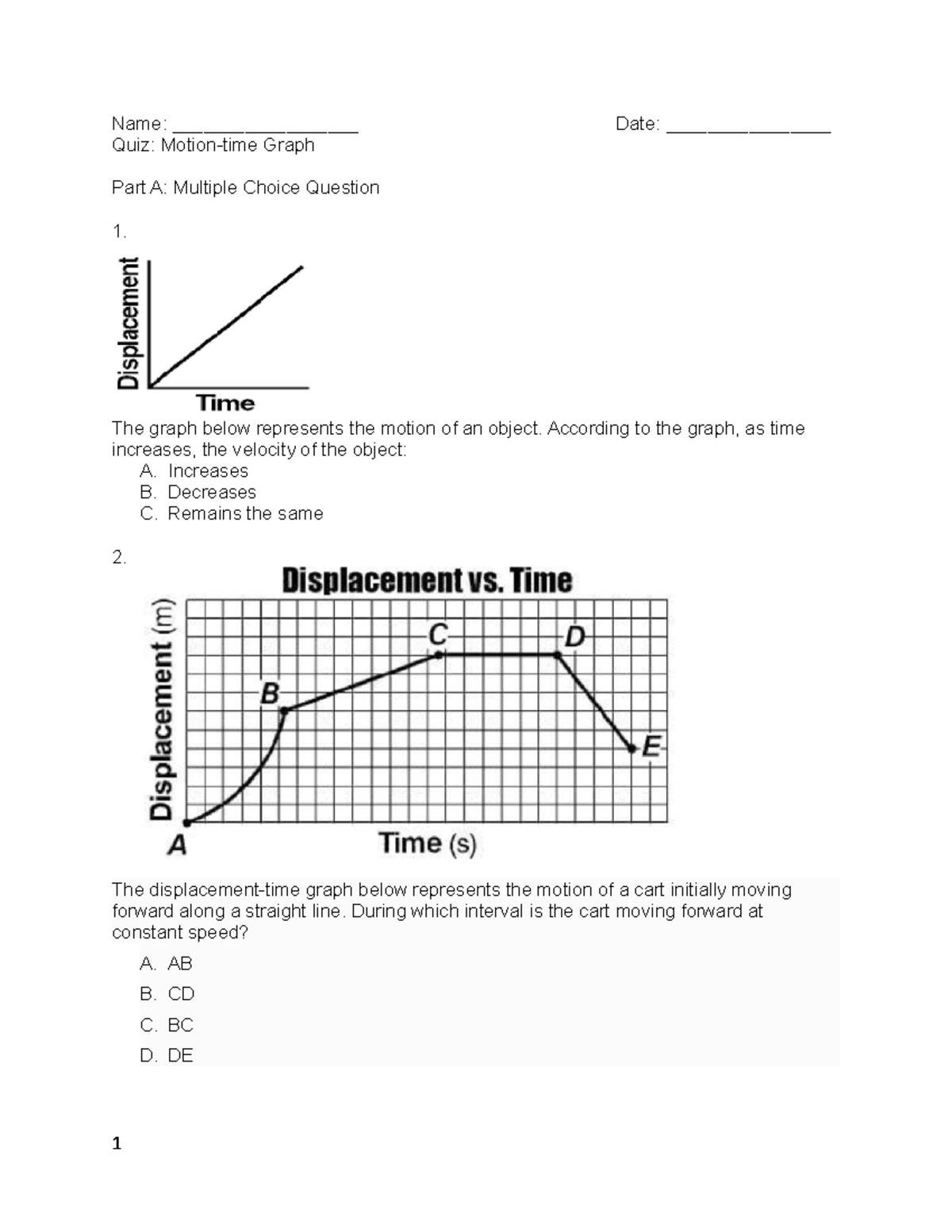 Motion time Graph - Name: __________________ Date ...