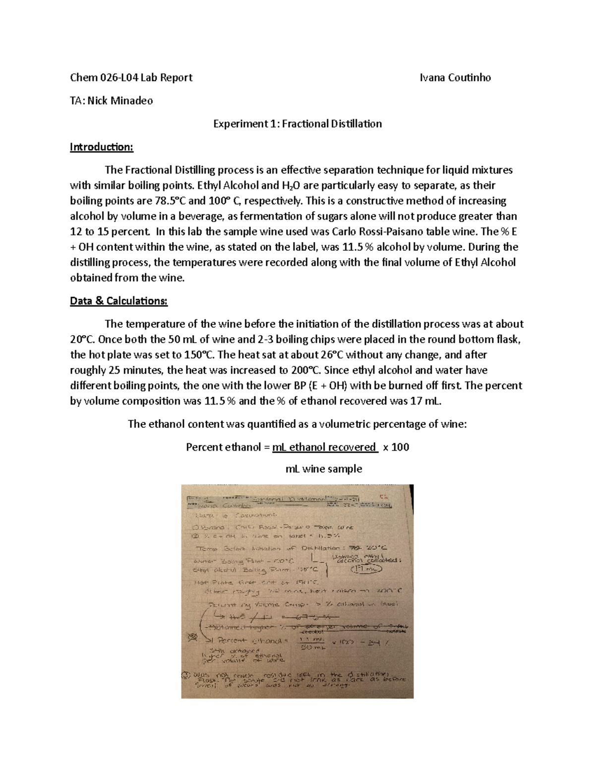 Experiment 1 Postlab - Chem 026-L04 Lab Report Ivana Coutinho TA: Nick ...