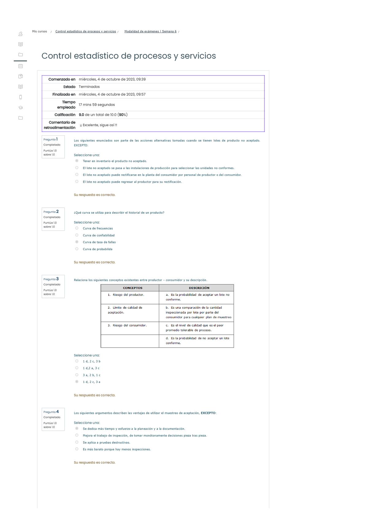 Modalidad de exámenes Semana 6 Revisión del intento - Control estadístico de procesos y ...