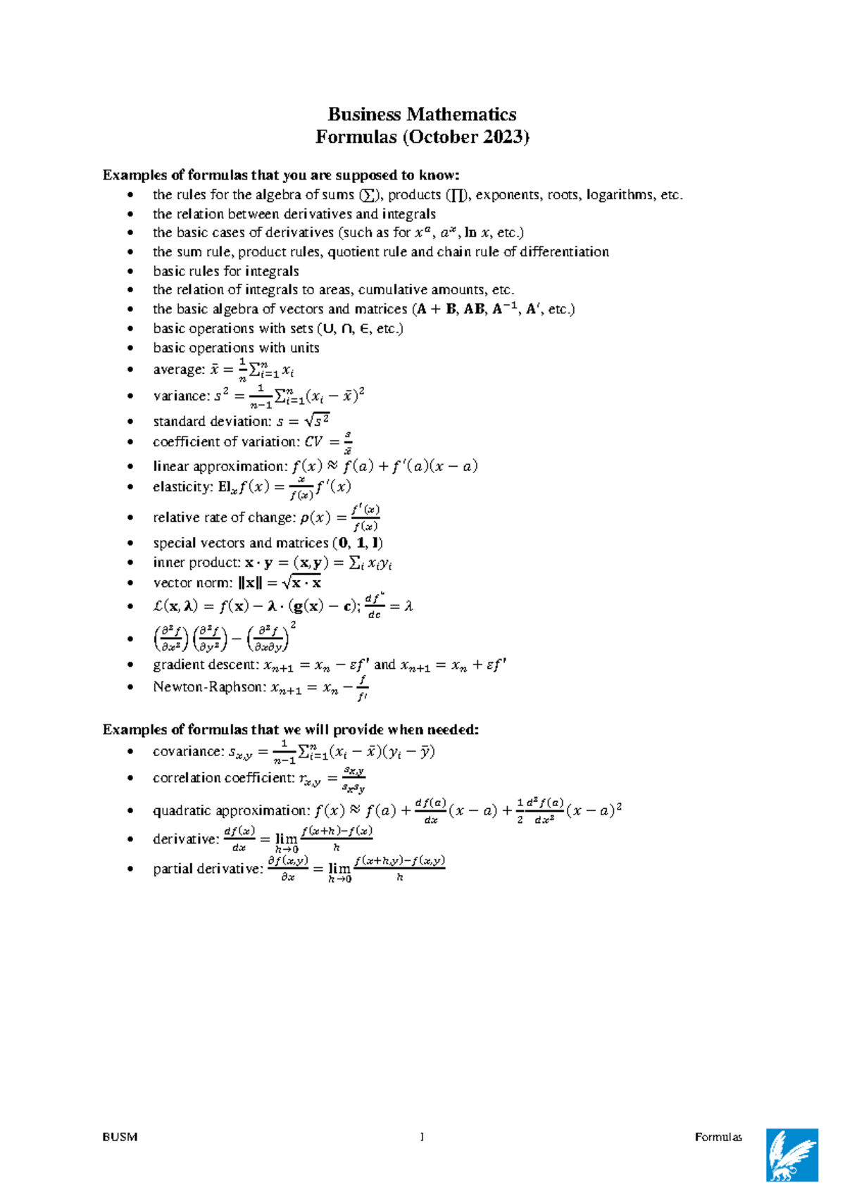 Formulas - BUSM 1 Formulas Business Mathematics Formulas (October 2023 ...