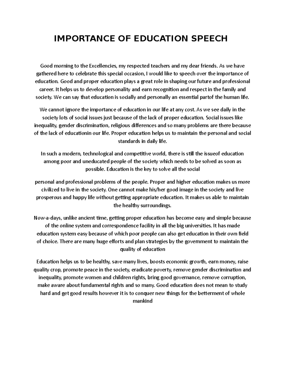 ( Speech)-WPS Office - I love math - IMPORTANCE OF EDUCATION SPEECH ...